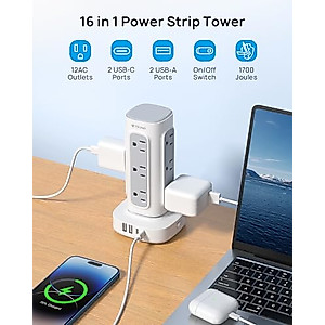 TROND Tower Power Strip Surge Protector - Power Strip with 4 USB Ports(2 USB C), 12 Widely Spaced Outlets, Ultra Thin Flat Plug 10ft Extension Cord, 1700J, for Home Office Supplies, Dorm Essentials