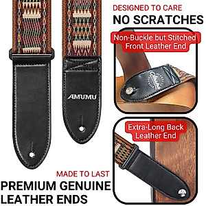 Amumu Guitar Strap Brown Diamond Grill Retro Chevron Polyester Woven for Acoustic Electric Bass Guitars with Genuine Leather Ends + Free Rubber Strap Blocks &amp; Headstock Tie