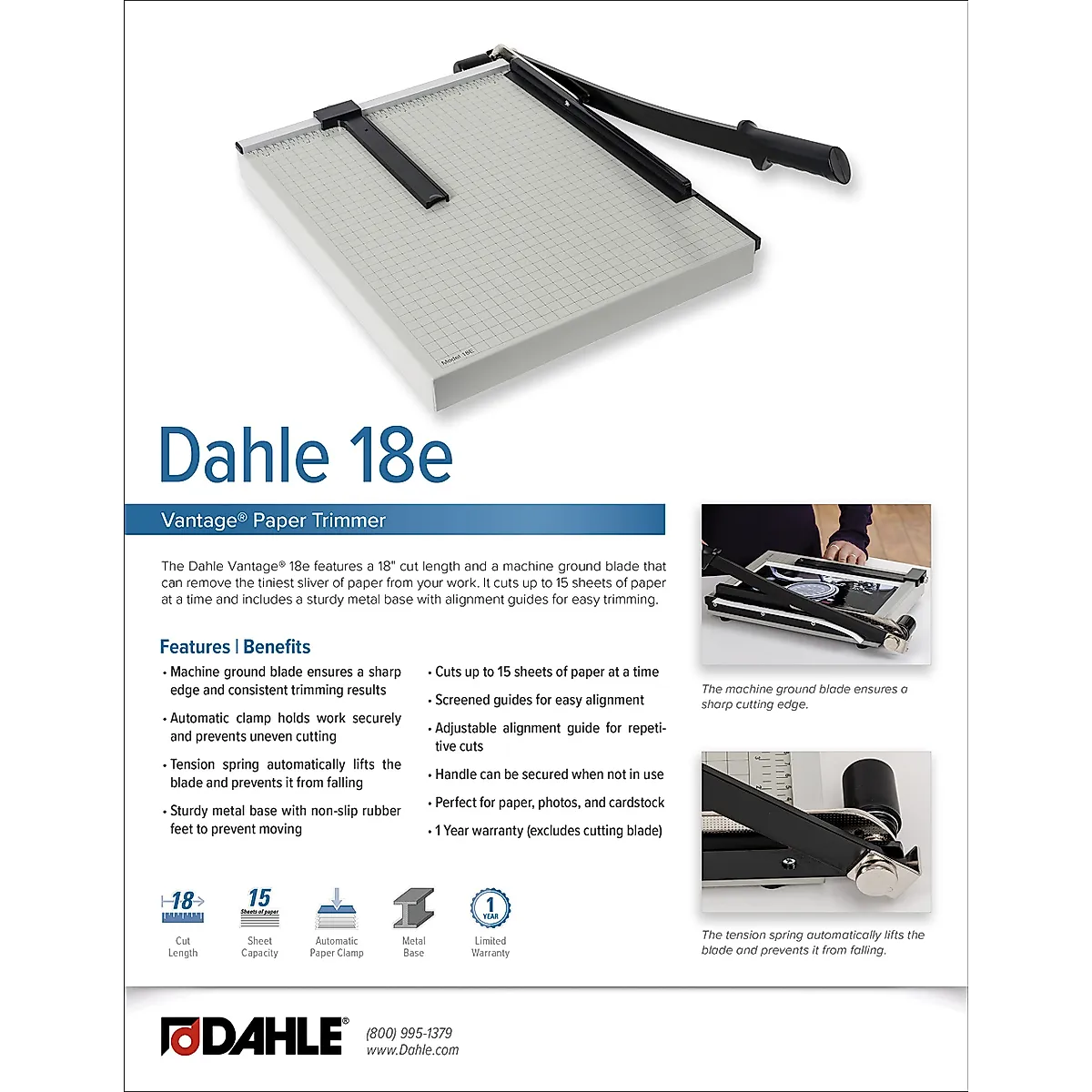 Dahle Vantage 18e Paper Trimmer, 18" Cut Length, 15 Sheet, Automatic Clamp, Adjustable Guide, Metal Base with 1/2" Gridlines, Guillotine Paper Cutter