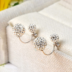 Generic 925 Sterling Silver Double Ball Earrings 1 Pair Chic Round Rhinestones Crystal Ear Studs Front Back 2 in 1 Diamond Earing Jewelrie Shiny Glittering Women Ear Ornament Piercing Retainers