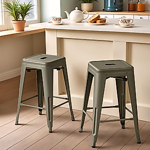 Furmax 24 Inches Metal Bar Stools Bar Height High Backless Stools Indoor Outdoor Stackable Kitchen Stools Set of 4 (Gun)