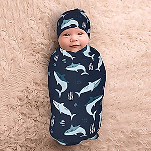 Sharks Ocean Baby Stuff Newborn Swaddle Blanket Animal Baby Wrap Receiving Blanket Soft Sleep Sacks with Beanie Hat Sets Gifts for Infant Boy Girl Baby Shower