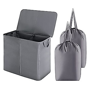 Lifewit 105L Double Laundry Hamper with Lid and Removable Laundry Bags, Divided Laundry Basket with Handles, Large Separated Clothes Basket for Bedroom, Bathroom, College Dorm, Laundry Sorting, Grey