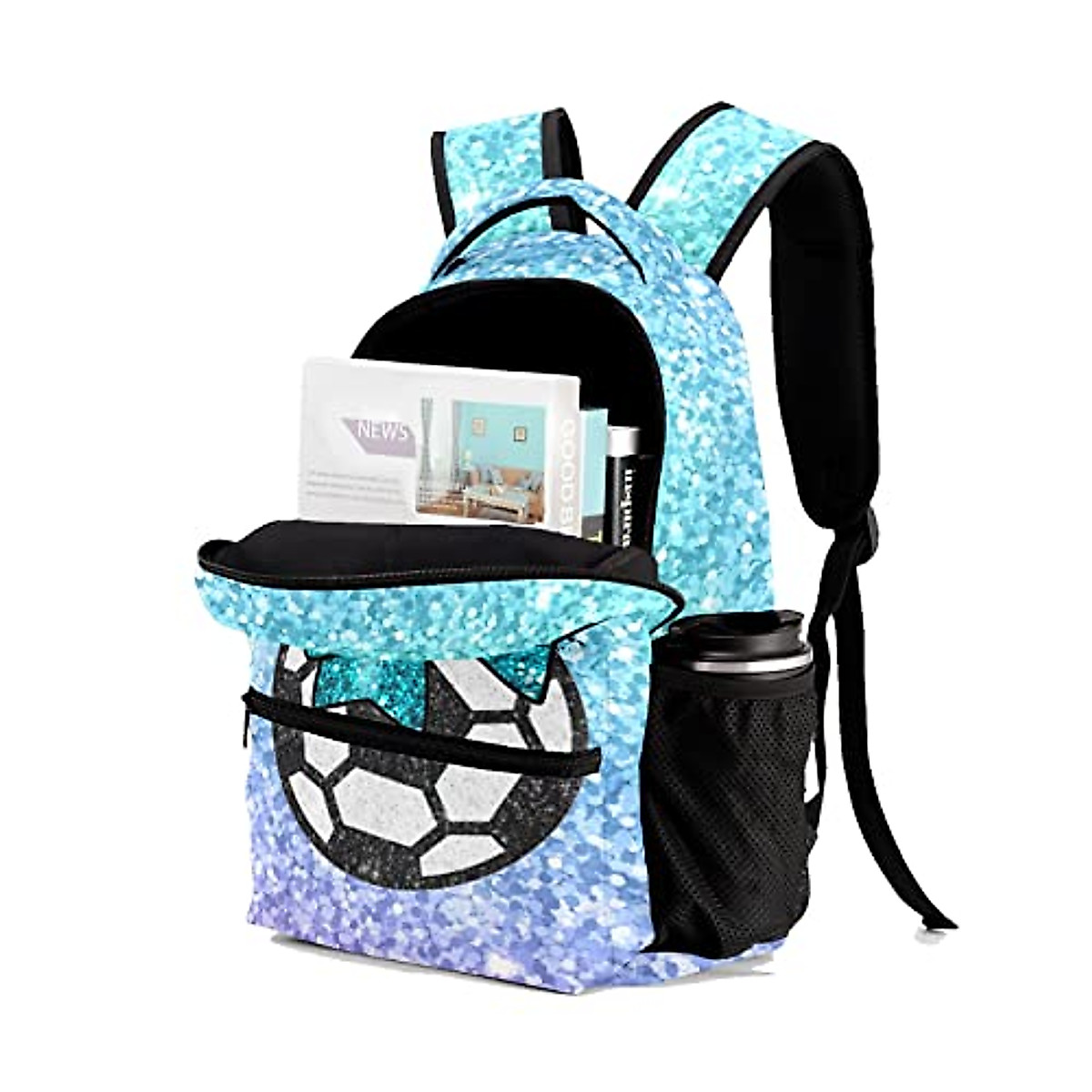 NZOOHY Blue Glitter Soccer Bow Personalized Kids School Backpack Custom for Boys Girls Primary Daypack School Bookbag Travel Bag