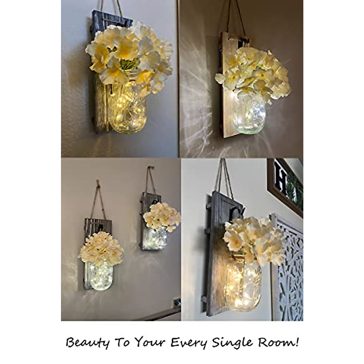 Emuardoe Mason Jar Wall Decor Rustic Wall Sconces Decorative 2 Packs LED Fairy Lights and Flowers Farmhouse Home Decor 6 Hours (Three meters, Khaki planks)