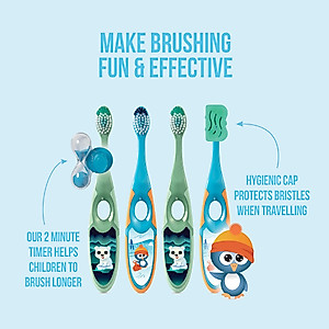 Jordan* Step 2 Kids Toothbrush, 3-5 Years, Soft Bristles, BPA Free (4 Pack) Blue & Green