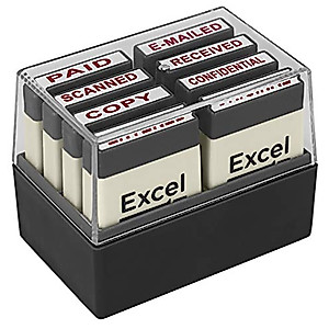 ExcelMark Mini Office Message Rubber Stamp Set - Red Ink - Storage Tray Included