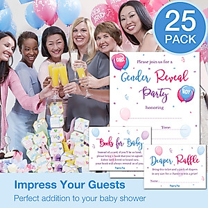Set of 25 Gender Reveal Party Invitations with Envelopes, Diaper Raffle Tickets and Baby Shower Book Request Cards