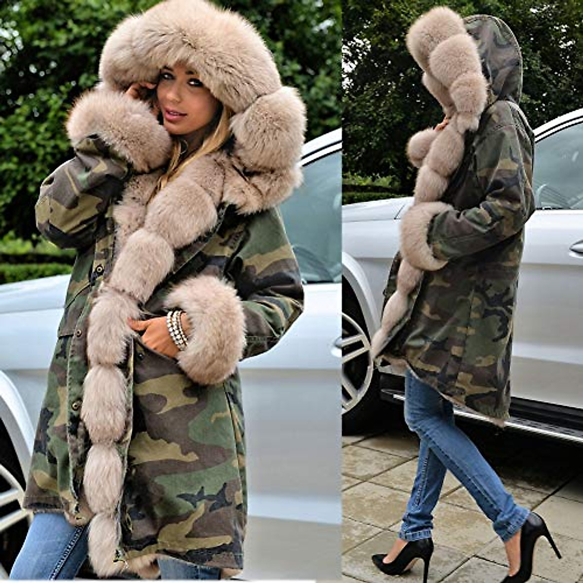 Roiii Women Military Winter Casual Outdoor Coat Hoodie Jacket Long Trench Par Amry Green X-Large / 12