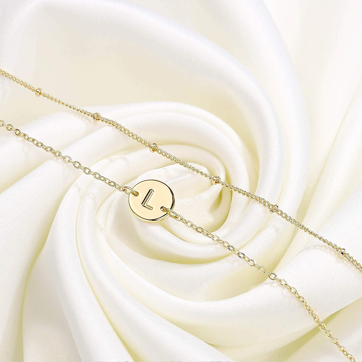 MONOZO Gold Initial Bracelets for Women, Dainty 14K Gold Filled Layered Beaded T Letter Initial Bracelet Personalized Alphabet Disc Monogram Charm Bracelet Jewelry Gifts for Her