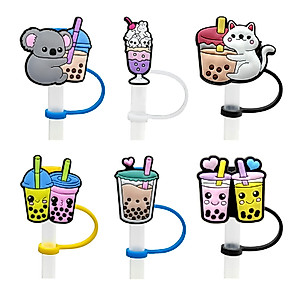 Cute Straw Covers Cap, Dust-Proof Straw Toppers, Reusable Drinking Straw Cover, Splash Proof Straw Caps, Portable Silicone Straw Tip Covers Decoration(6 Pcs Mixed Style)