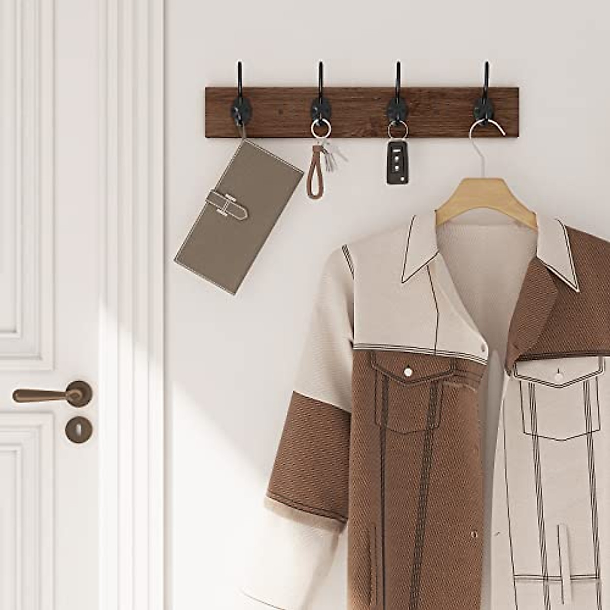 BAMEOS Wall Mounted Coat Rack, Bamboo Wall Coat Rack Hooks, 4-Hooks Rail for Entryway, Bathroom, Bedroom,Closet Room, Kitchen (Brown)