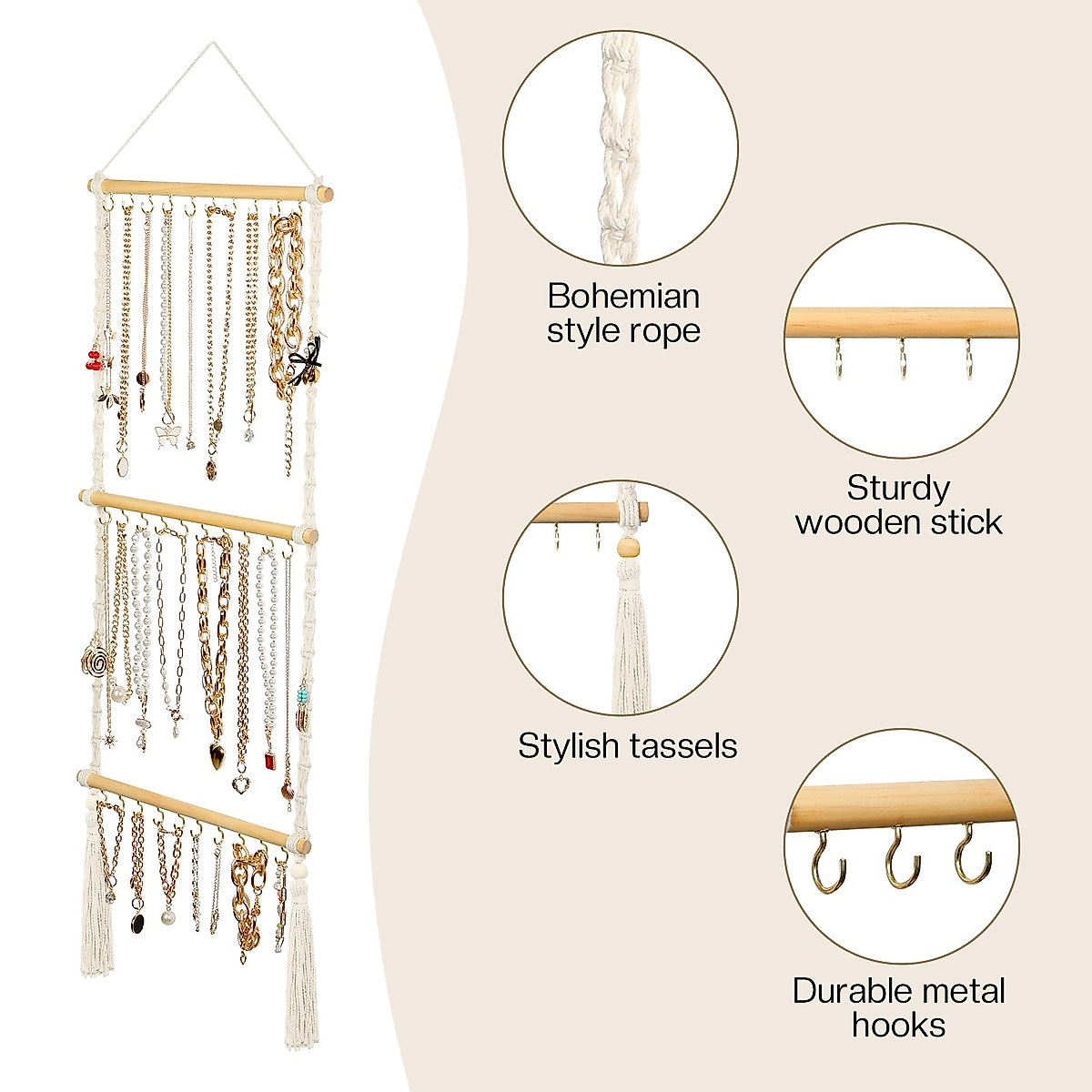 UREYMX Hanging Jewelry Organizer Macrame Necklace Holder, with 30 Hooks, Over Door Necklace Rack, Wall Mounted Jewelry Hanger with Tassel Boho for Necklace Headband Bow Earring Bracelet