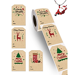 300 Pcs Self Adhesive Christmas Tag Stickers, 2 x 3 Inch Kraft Christmas Gift Tags Xmas Stickers, Decorative Stickers for Christmas Holiday Greeting Decoration, Envelopes Sealing, Gift Wraps