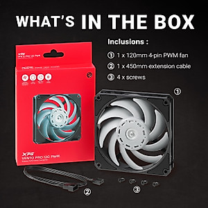 XPG Vento Pro High Performance PWM Computer Case Fan 120mm: 10-28 dBA Fan Noise - 4 Pin Connector - 75 CFM Max Air Flow - Double Ball Bearing - 120 x 120 x 25mm - 5 Yr Warranty