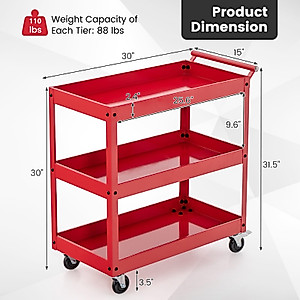 Goplus 3-Tier Utility Cart, Heavy Duty Commercial Service Tool Cart w/Lockable Wheels, 330lbs Load Capacity, Ergonomic Handle, Rolling Mechanic Tool Cart Storage Organizer for Warehouse Garage