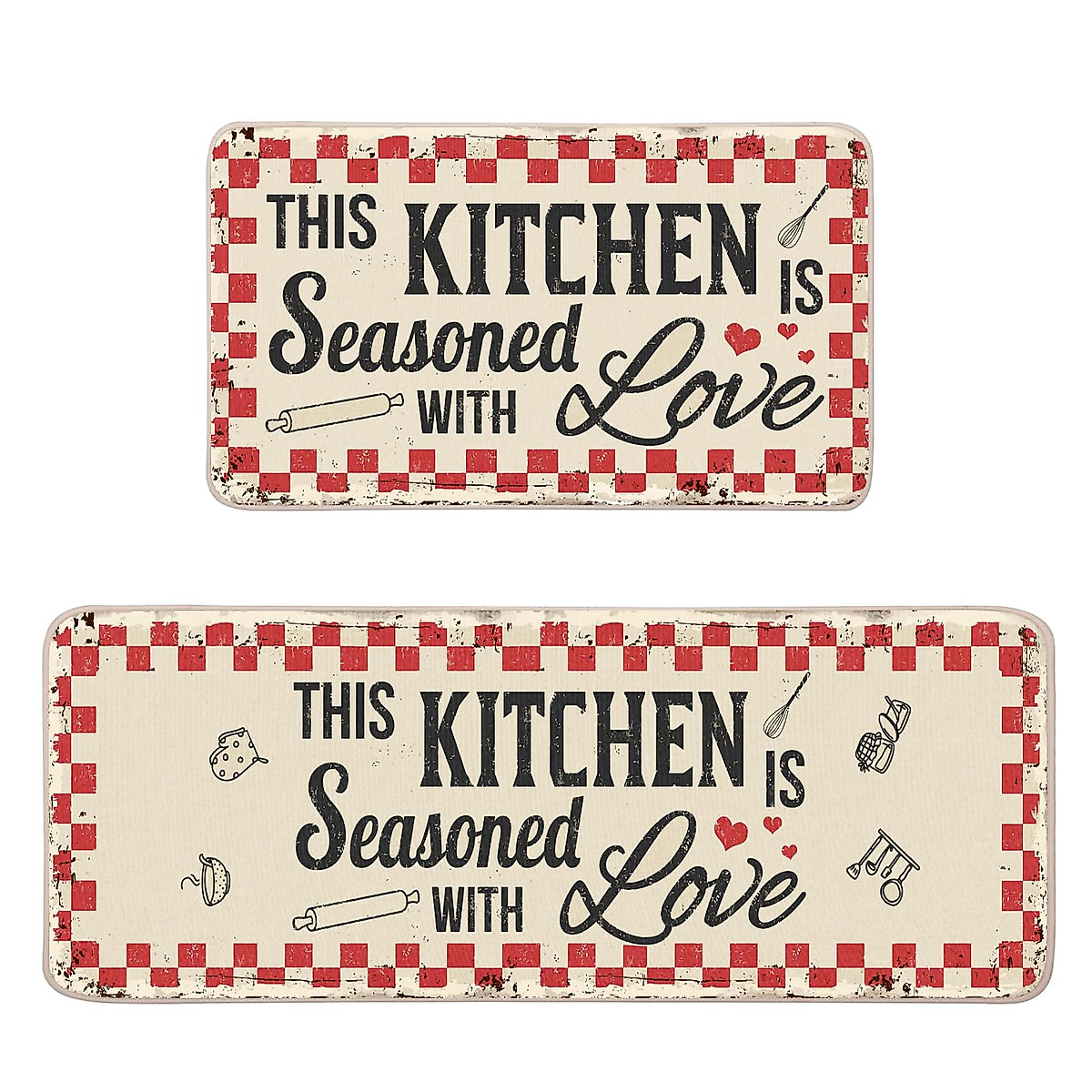 YOUWOUS The Kitchen is Seasoned with Love Kitchen Mats Set of 2-17x29 and 17x47 Inch, Decorative Non Slip Backing Floor Mat for Home Kitchen Red