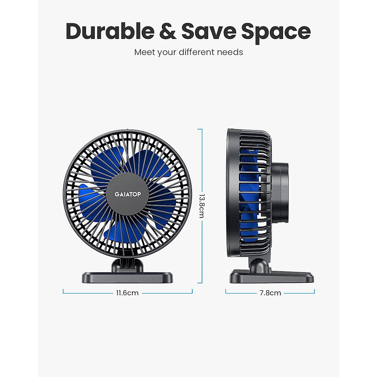 Gaiatop USB Desk Fan, Small But Powerful, Portable Quiet 3 Speeds Wind Desktop Personal Fan, Adjustment Mini Fan Table Fan for Better Cooling, Home Office Car Indoor Outdoor(Blue)