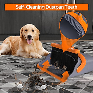 AXFRVEWA Broom and Dustpan Set with 52" Long Handle Broom with Dustpan Combo Set, Self-Cleaning Teeth & Standing Dust Pan and Broom for Home Office Kitchen Lobby Floor Use-Gray&Orange