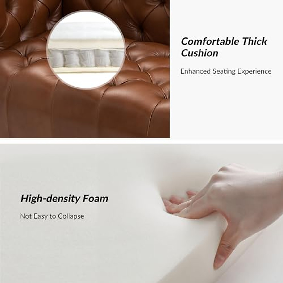 HULALA HOME 85" W Genuine Leather Sofa Couch with Metal Legs, Button-Tufted 3-Seater Sofa with Square Arms, Mid Century Modern Upholstered Couch for Living Room, Bedroom, Apartment, Brown