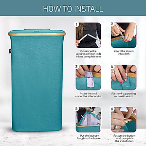 Royal Assad Large Collapsible Laundry Hamper with Lid - Foldable Bamboo Laundry Basket with 2 Removable Bags for Clothes, Towels, Bedroom, Bathroom - 27.2 Gallons (103L) - Light Teal