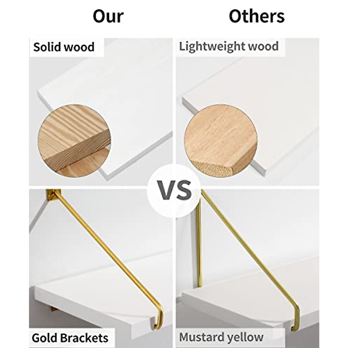 Godimerhea White Floating Shelves for Wall, Set of 2 Wall Mounted Hanging Wood Shelf with Gold Brackets, Modern Luxury Decorative Organizers Storage Shelves for Bathroom, Living Room, Bedroom