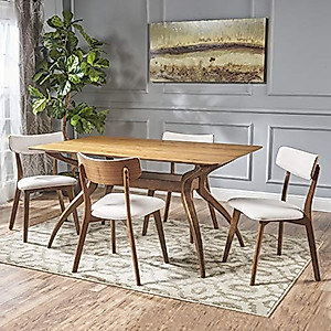 Christopher Knight Home Nissie Mid-Century Wood Dining Set with Fabric Chairs, 5-Pcs Set, Natural Walnut Finish / Light Beige