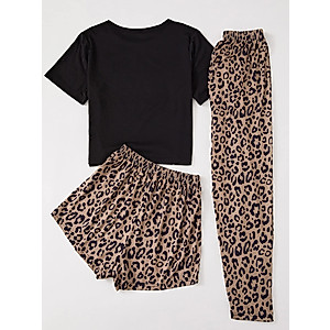 GORGLITTER Women's 3 Piece Pajama Sets Cute Print Short Sleeve Tee Top and Shorts with Pants Sleepwear Loungewear Black and Brown Large