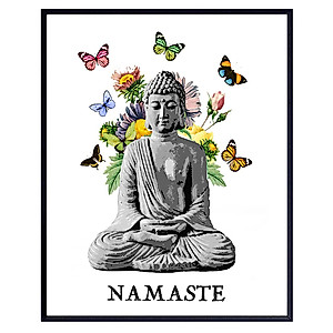 Namaste Buddhism Buddha Statue Wall Art Print - 8x10 Photo, Home Decor, Meditation Room, Spa or Yoga Studio Decoration - Boho Zen New Age Gift - Unframed Butterfly Poster Picture