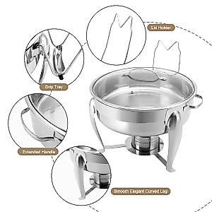 BriSunshine 6 QT Chafing Dish Buffet Set with Serving Spoons, 2 Packs Stainless Steel Round Chafing Dishes with Glass Lid & Lid Holder, Food Warmers for Parties Buffet Weddings Catering Events