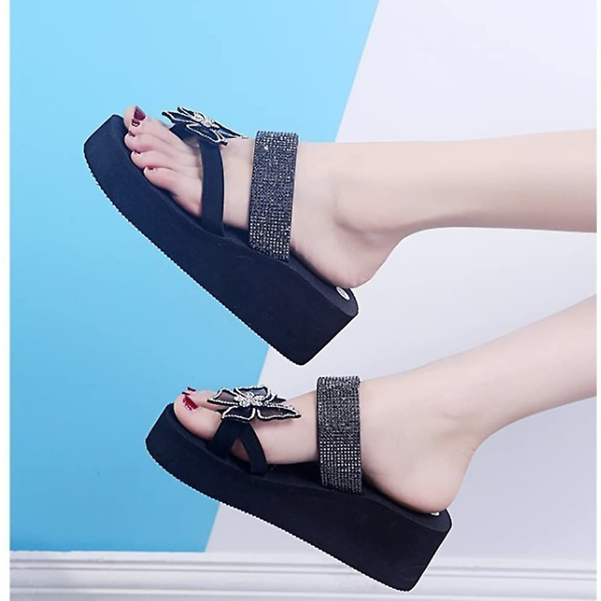 Womens Platform Flip Flops Gothic Sandals Summer Comfort Wedges Beach Thong Slippers B-Black 37