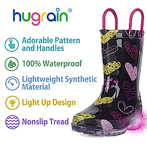 HugRain kids Girls Rain Boots Toddler Light Up Printed Waterproof Shoes Lightweight Adorable Cute Pink Heart Rubber with Easy-On Handles and Insole (Size 2,Black)
