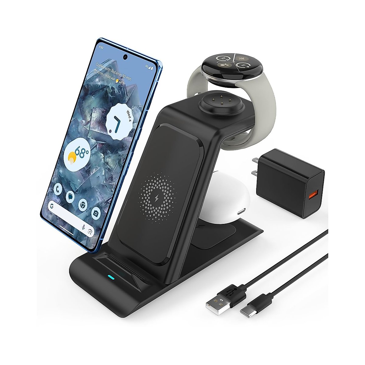 Upgraded 3 in 1 Wireless Charger Compatible with Google Pixel Watch 3/2, Pixel 9 Pro XL/9/8/7/7A/6 Pro, Pixel Buds Pro/2, Wireless Charging Station for Multiple Devices (Not for Pixel Watch 1)