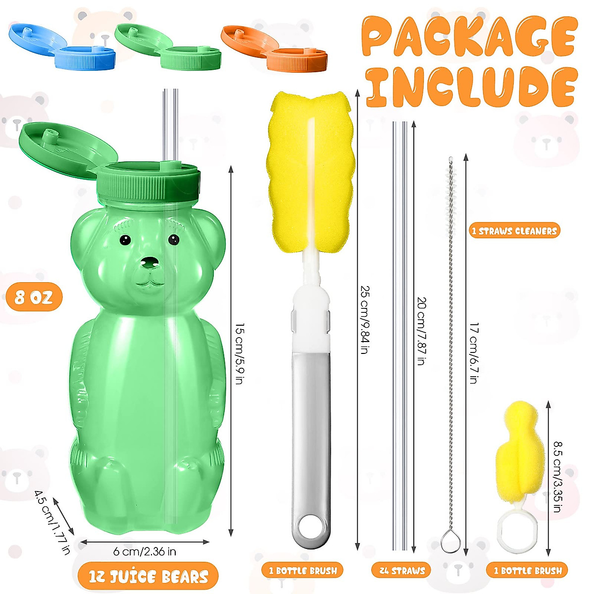 Zubebe 12 Pack Honey Bear Straw Cups Bulk with 24 Flexible Straws and Cleaning Tools, 8 Oz Therapy Sippy Bottles for Speech and Feeding Training Daily Drinking Supplies (Green, Orange, Blue)