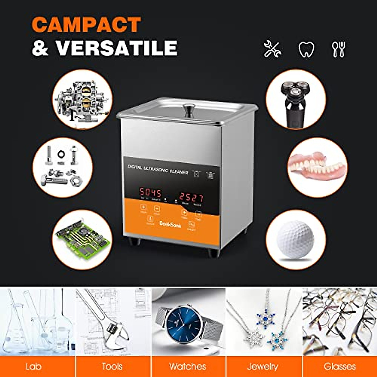 Ultrasonic Cleaner 2L with Heater and Timer, Ultrasonic Cleaning Machine with 40kHz SUS 304 Stainless Steel, Sonic Cavitation Machine with Digital Control for Professional Jewelry Watch Glasses