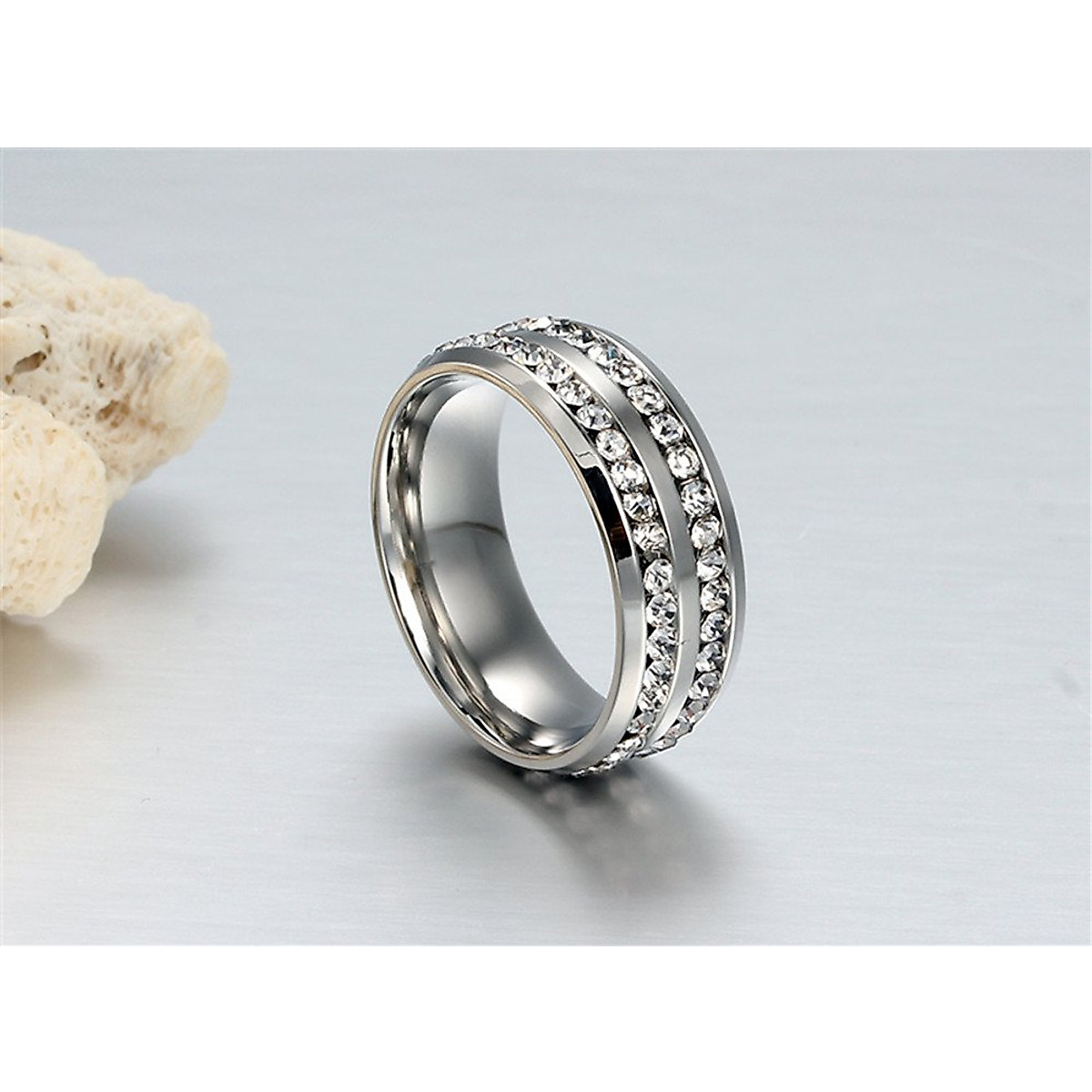 OAKKY Stainless Steel Double Rows Cubic Zirconia Wedding Ring for Men Women, Silver, Size 8