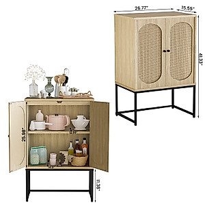 Lamerge Rattan Cabinet,2 Door Sideboard Buffet Cupboard Accent High Cabinet with Natural Rattan,Free Standing Bookmatch,Adjustable Shelves,Easy Assembly,Rustic Oak Beige (LRC-ob)