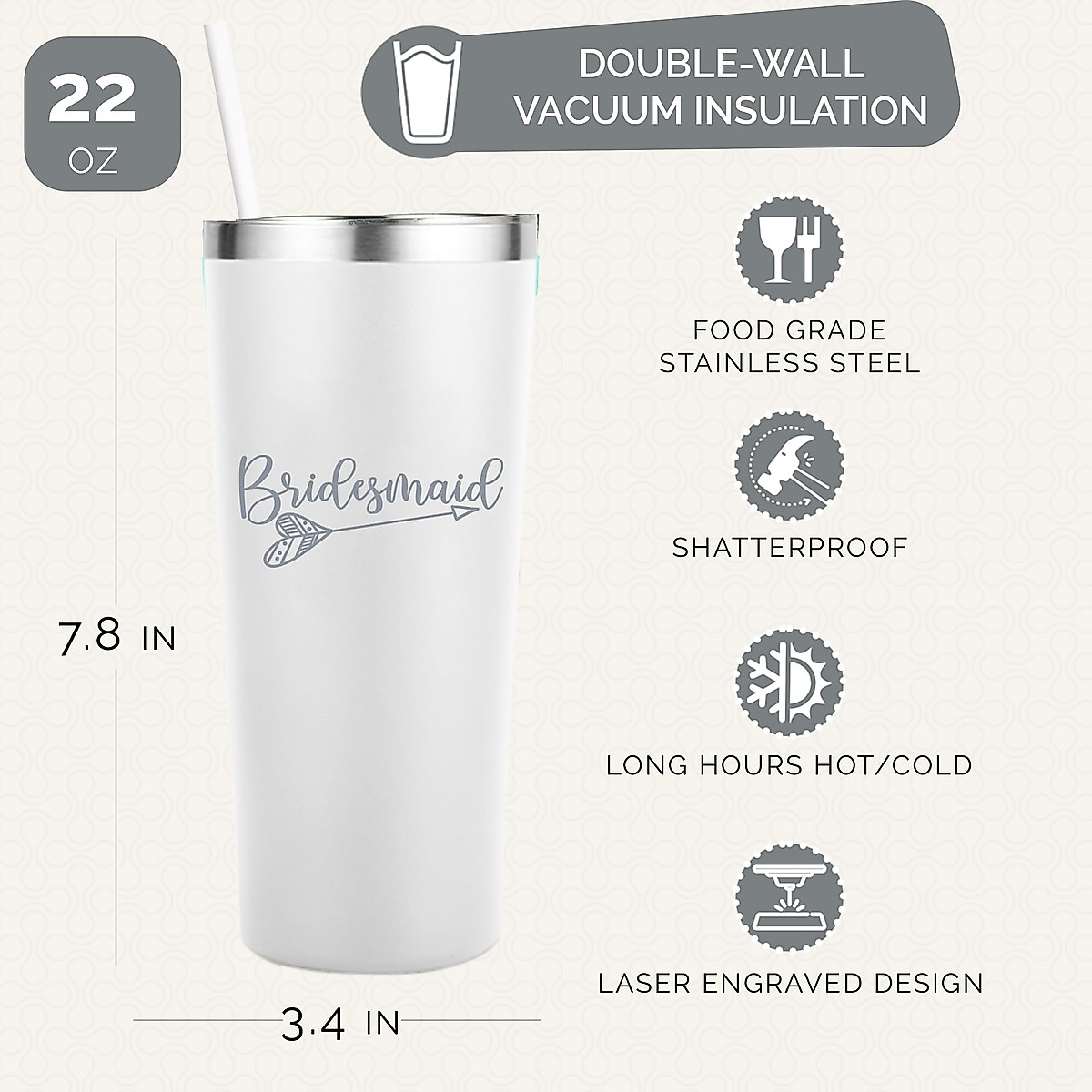 Your Dream Party Shop Bridesmaid Gift Wine Tumbler, 22oz - White Stainless Steel Cup with Straw and Lid, Perfect Bridesmaid Tumbler Proposal Gift