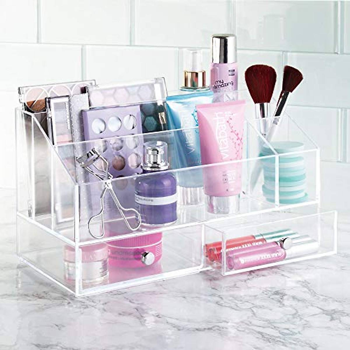 iDesign Plastic Tiered Divided Cosmetic Organizer with Drawers for Storage of Makeup, and Accessories on Vanity, Countertop, or Cabinet, 12.97" x 6.96" x 8.25" - Clear