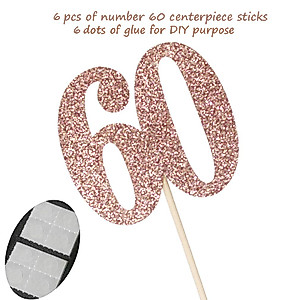 Set of 6 Number 60 Centerpiece Sticks Rose Gold Glitter 60th Birthday Table Centerpieces Flower Toppers Party Supplies