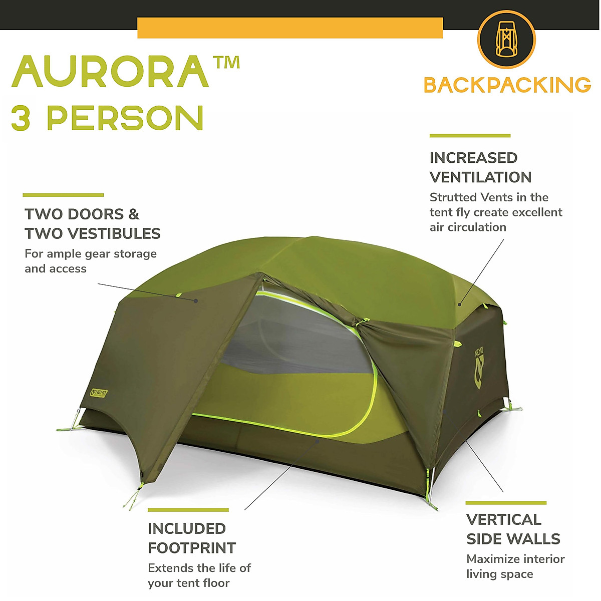 NEMO Aurora 3P Tent (Green Nova) & Footprint