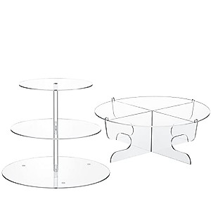 2 Pcs Acrylic Cupcake Stand Including 3 Tier Clear Dessert Tower Holder Display 1 Tier Round Cupcake Holder Stand with Base Reusable for Wedding Baby Shower Party Noted Remove the Surface Film (Clear)