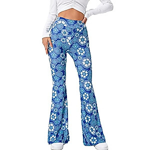 WDIRARA Women's Elastic High Waist Allover Print Floral Bell Bottom Flare Leg Long Pants Blue and White S