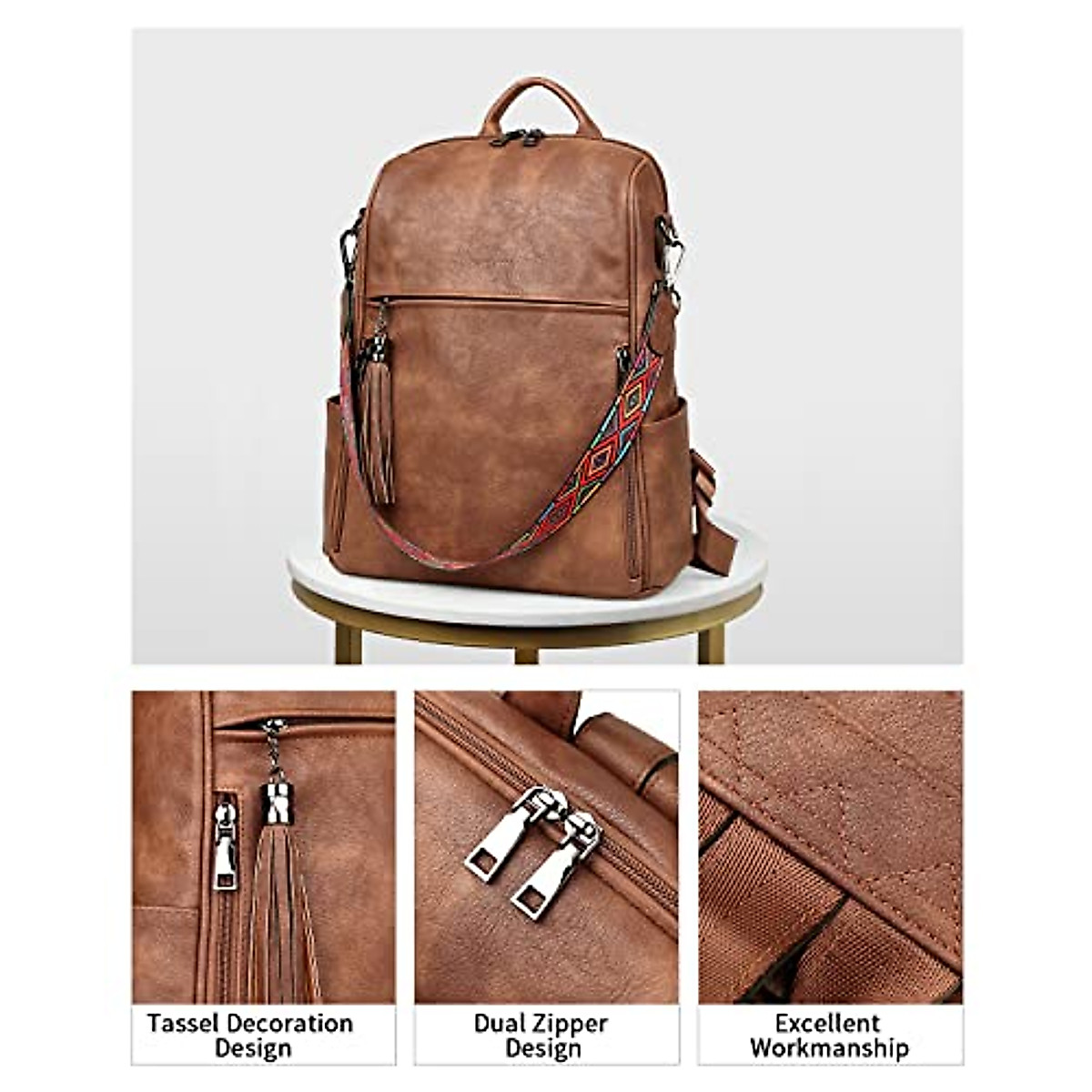 FADEON Leather Backpack Purse for Women Designer Travel Backpack Purses PU Fashion Ladies Shoulder Bag with Tassel Brown