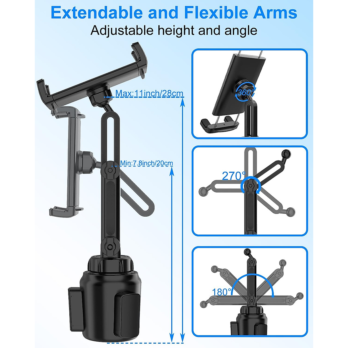 Kolasels Cup Holder Tablet Mount for Car, 360° Adjustable iPad Cup Holder Mount, Cup Holder Tablet Holder for Truck, Compatible with iPad Pro Air Mini, Galaxy Tabs, 4.7-12.9" Tablet & Phone