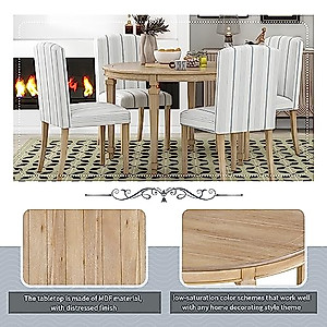 Merax Round Dining Room Table and Chairs Set of 4 Farmhouse Rustic Round Dining Table Set 5 Piece Wood Kitchen Table and 4 Upholstered Chairs with Striped Fabric for Dining Room