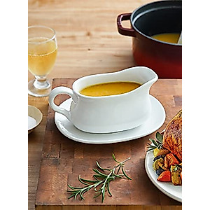 LE TAUCI 17oz Gravy Boat with Saucer Stand, Set of 1, Ceramic Sauce Boat with Tray for Salad Dressings, Creamer, Broth, Black Pepper, WHITE