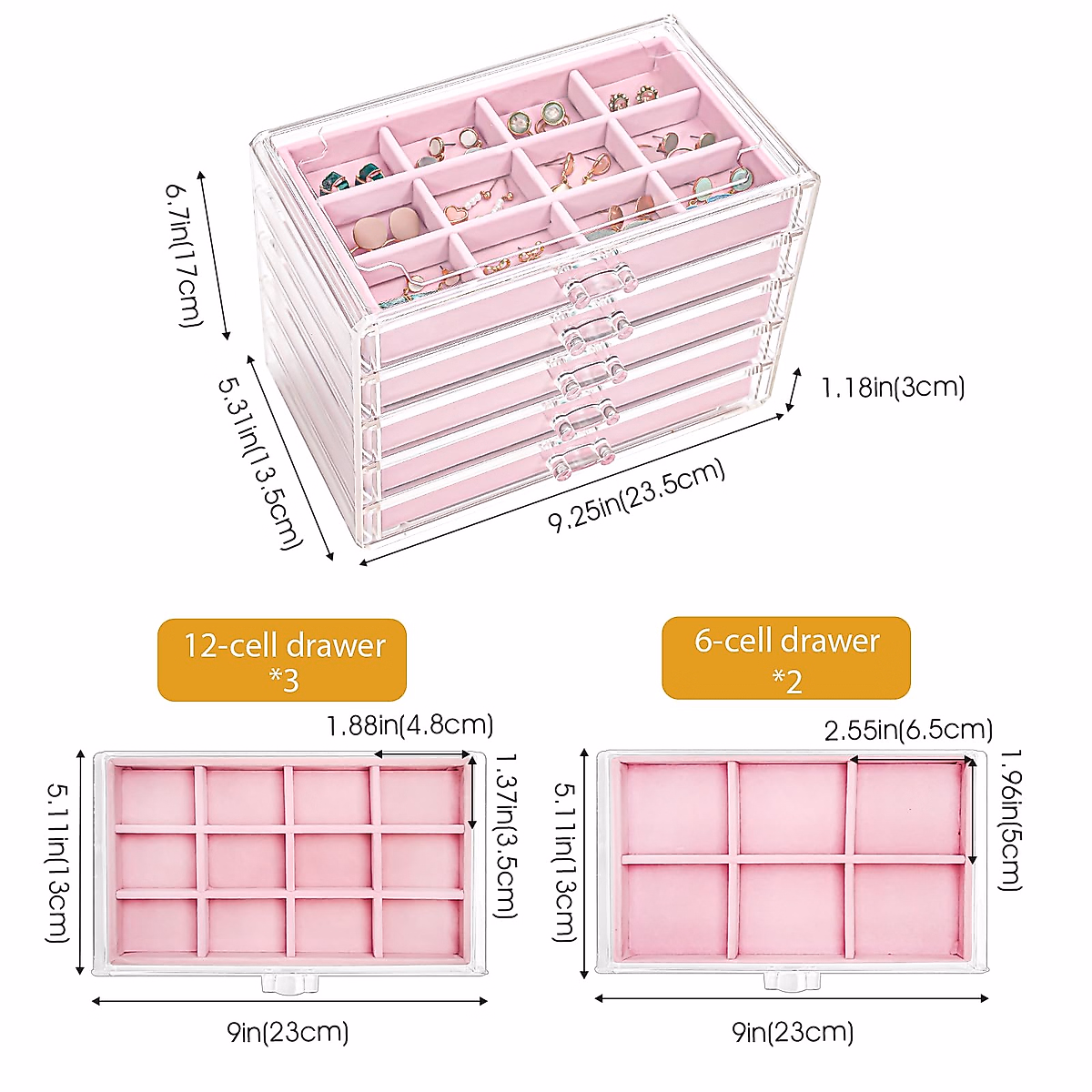 ProCase Earring Holder Organizer Jewelry Box with 5 Drawers, Acrylic Clear Earring Case with Adjustable Velvet Trays for Women - Pink, 5 Layers