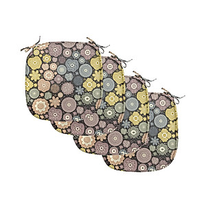Lunarable Floral Chair Seating Cushion Set of 4, Illustration of Blooming Flowers from Spring Season in Vintage Style, Anti-Slip Seat Padding for Kitchen & Patio, 16"x16", Dark Grey and Multicolor