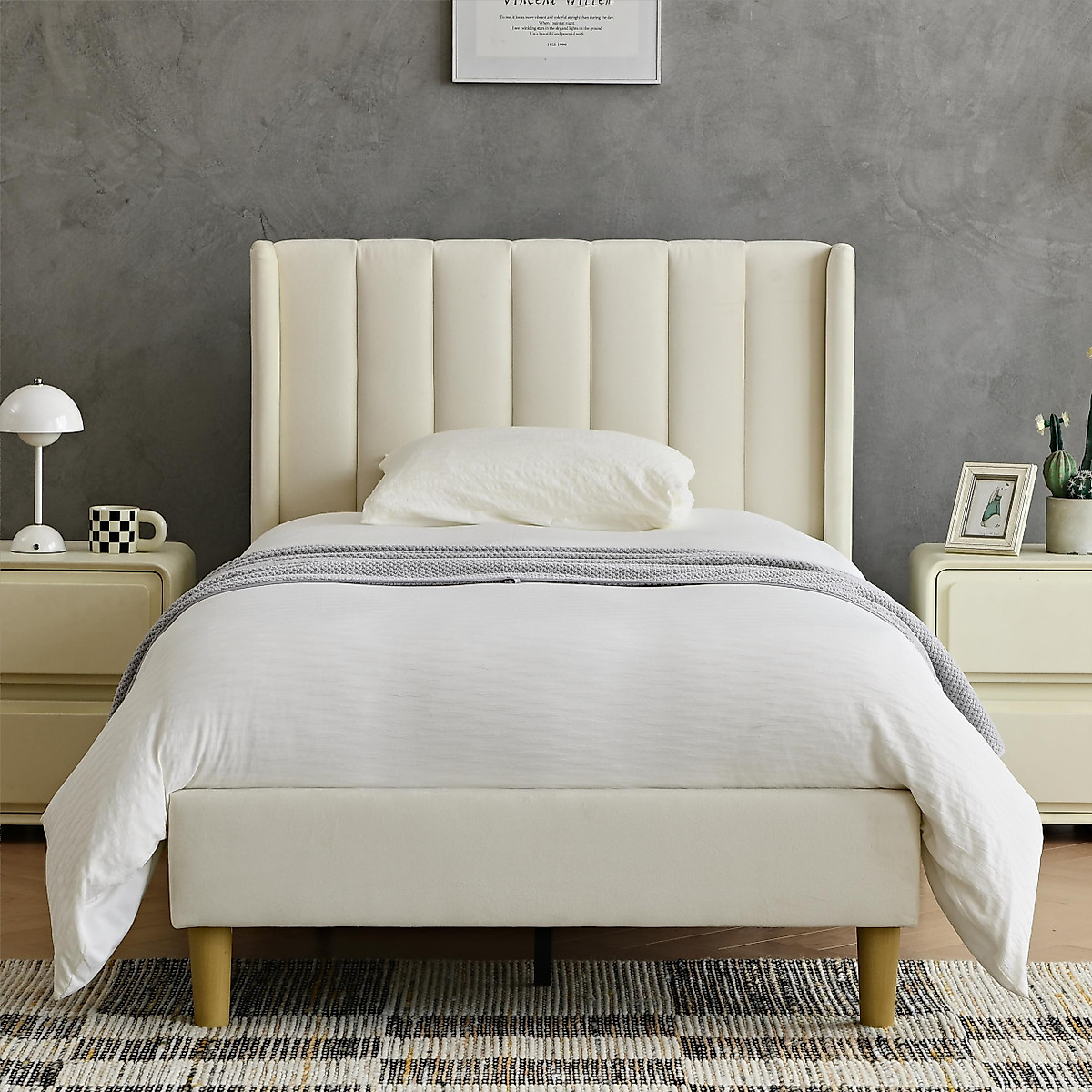 YUHUASHI upholstered Platform Bed Frame/Twin Bed Frame/Modern Geometric Double-Wing Design headboard/Velvet Fabric/Easy to Assemble no Noise (Cream, Twin)